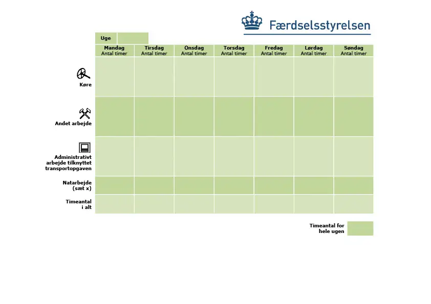 Skema til registrering af arbejdstid for selvstændige vognmænd