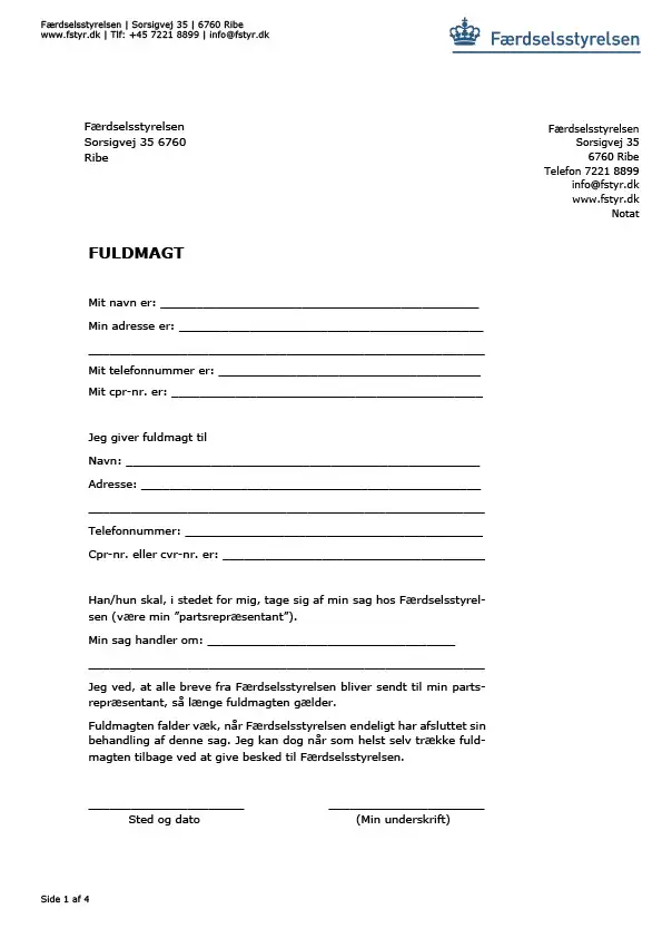 Fuldmagt ved behandling af din sag hos Færdselsstyrelsen