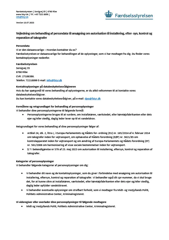 Vejledning om behandling af persondata til ansøgning om autorisation ...